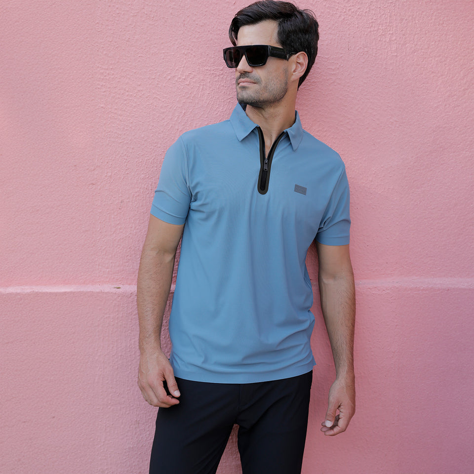 Playera Polo Hombre Manga Corta Azul Polo Tech con Cierre – Porto Blanco